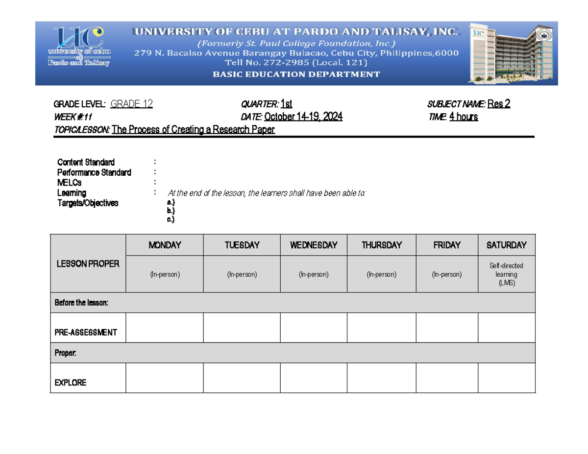 Sample Lesson Plan - GRADE LEVEL: GRADE 1 2 QUARTER: 1st SUBJECT NAME ...