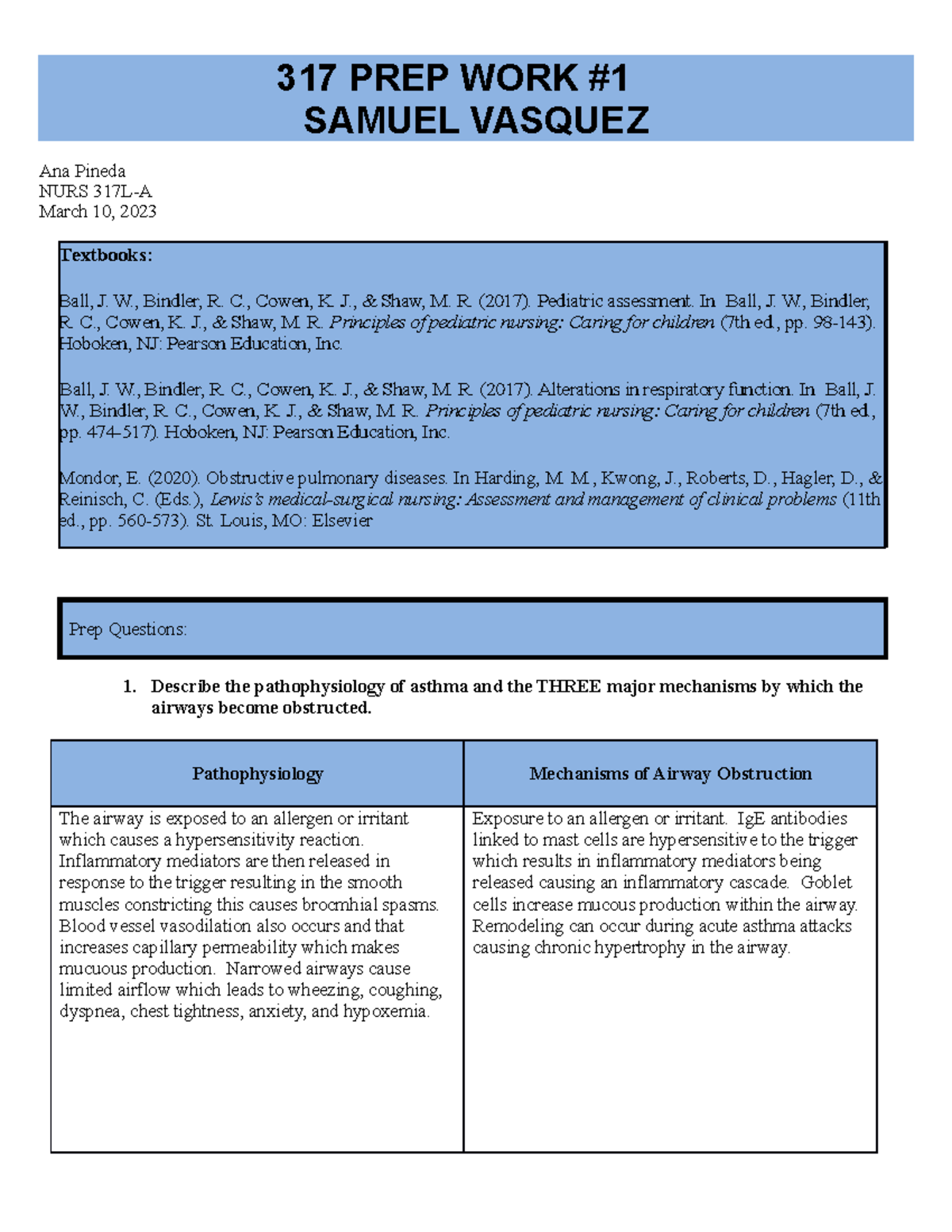 NURS 317L-A Prep Work #1: Asthma Pathophysiology & Management - Studocu