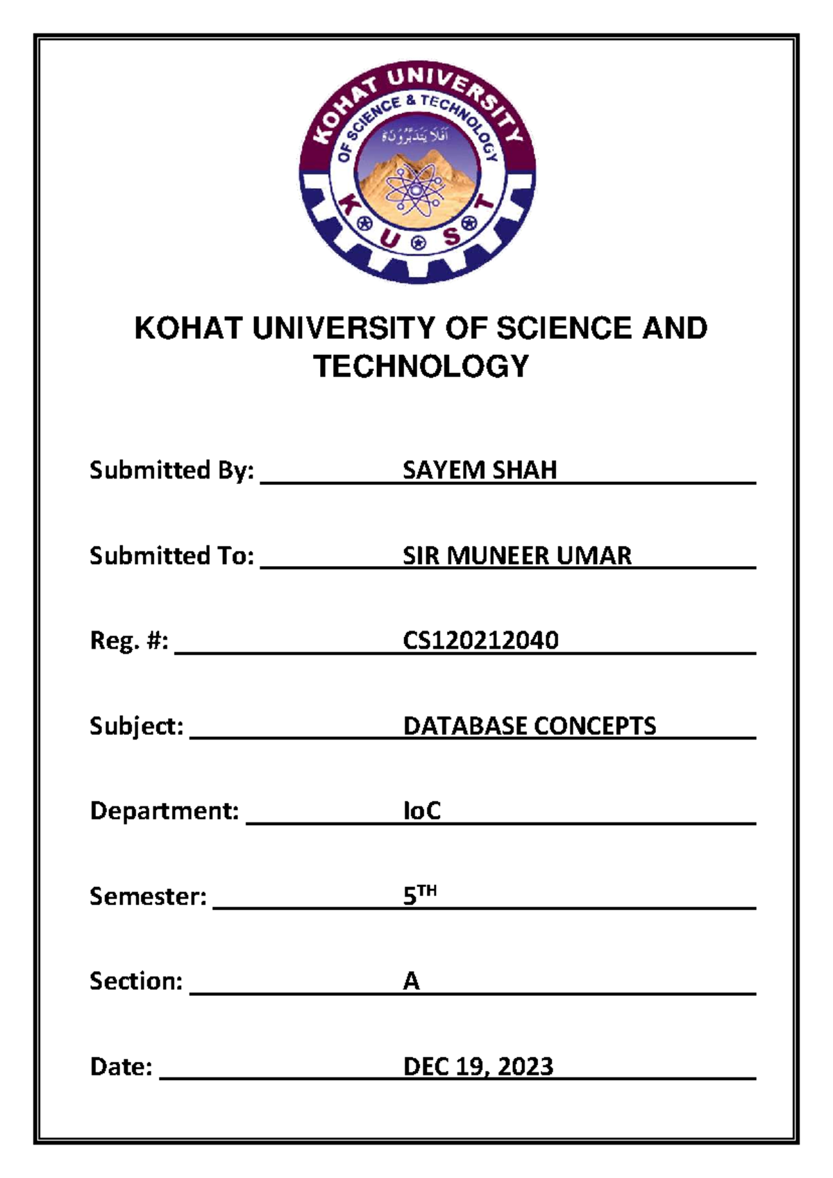 CS120212040 - Sayem Healthcare Database Project Overview - Studocu
