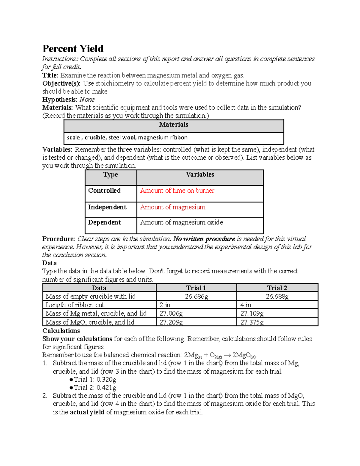 Worksheet 05 07: Percent Yield of Magnesium Oxide Lab Report - Studocu