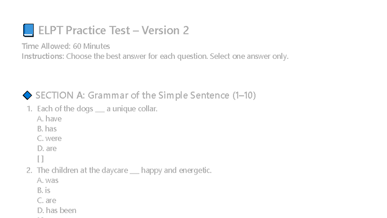 ELPT Practice Test Version 2: Sample Questions and Answers - Studocu