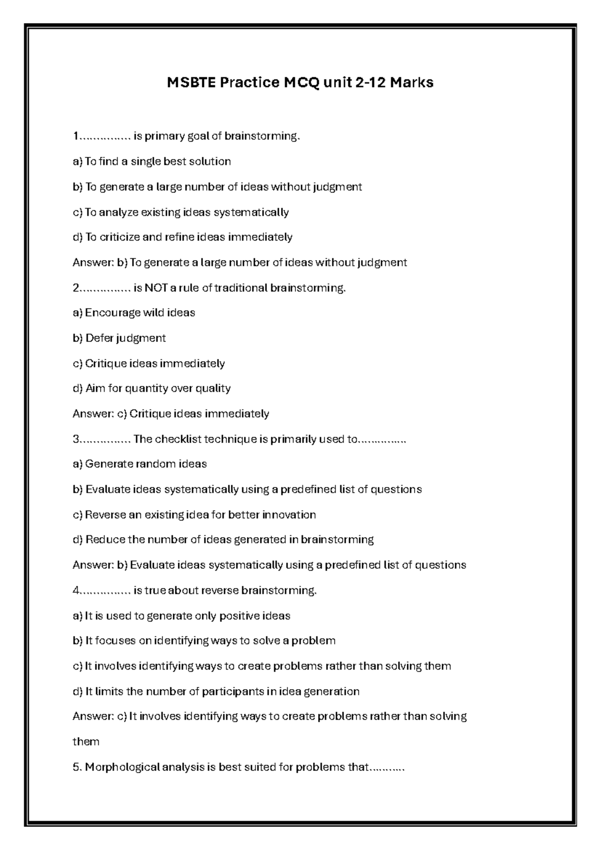 MSBTE Practice MCQs for Unit 2: Brainstorming & Change Management - Studocu