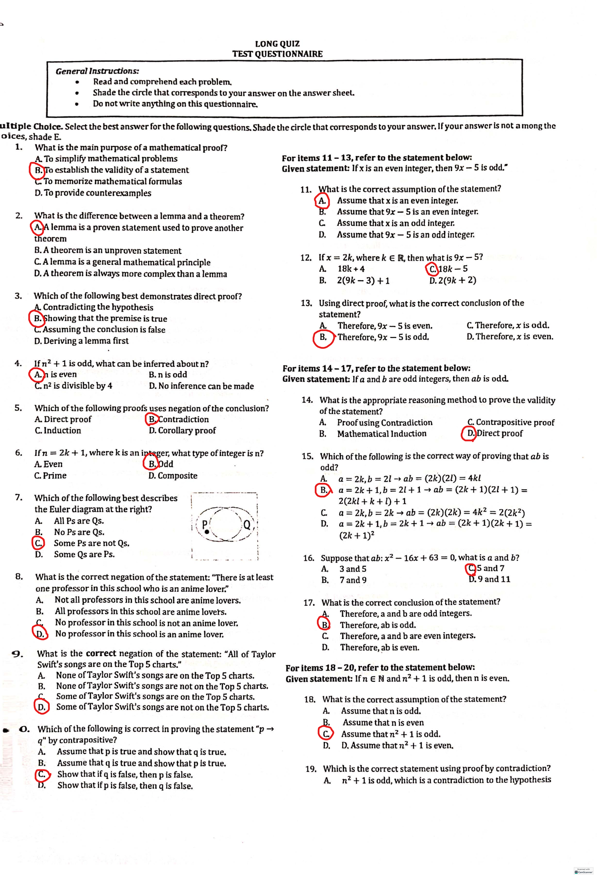 MATH 101: LONG QUIZ TEST QUESTIONNAIRE on Mathematical Proofs - Studocu