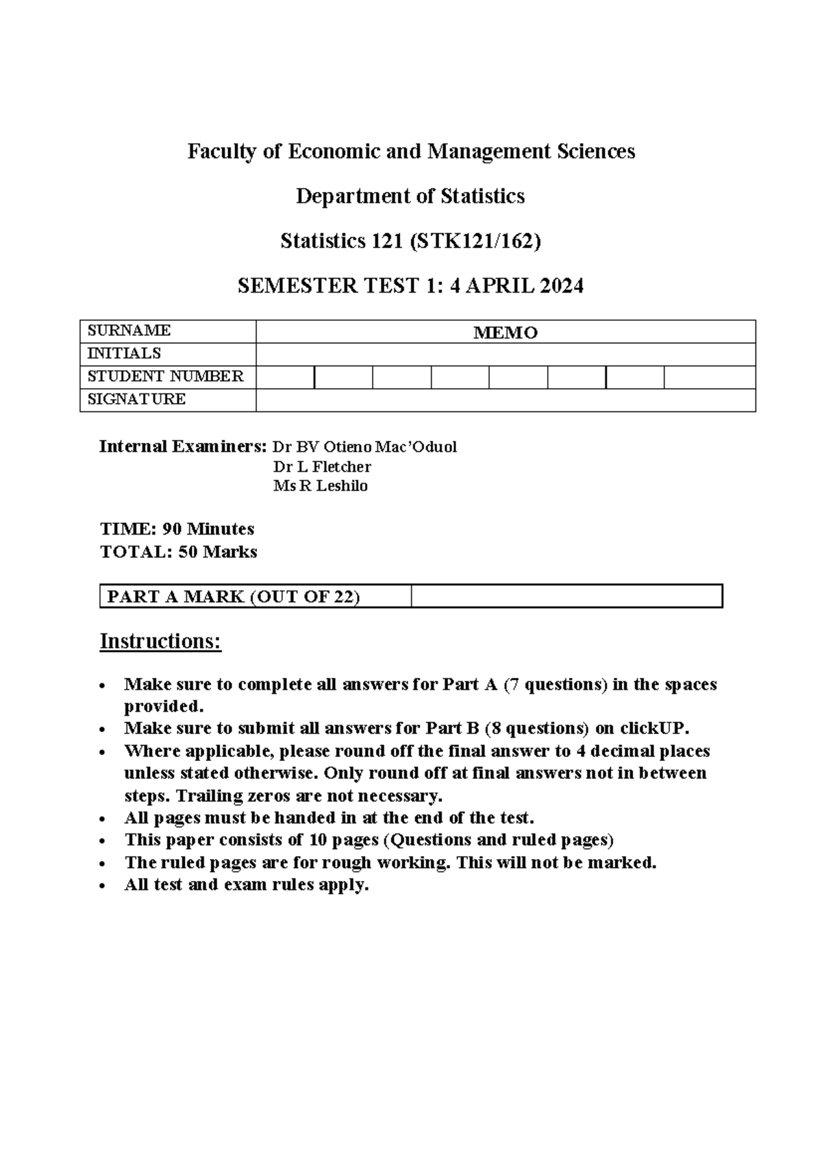 STK 121 Past Paper - Semester Test 1 - STK 120 - Studocu