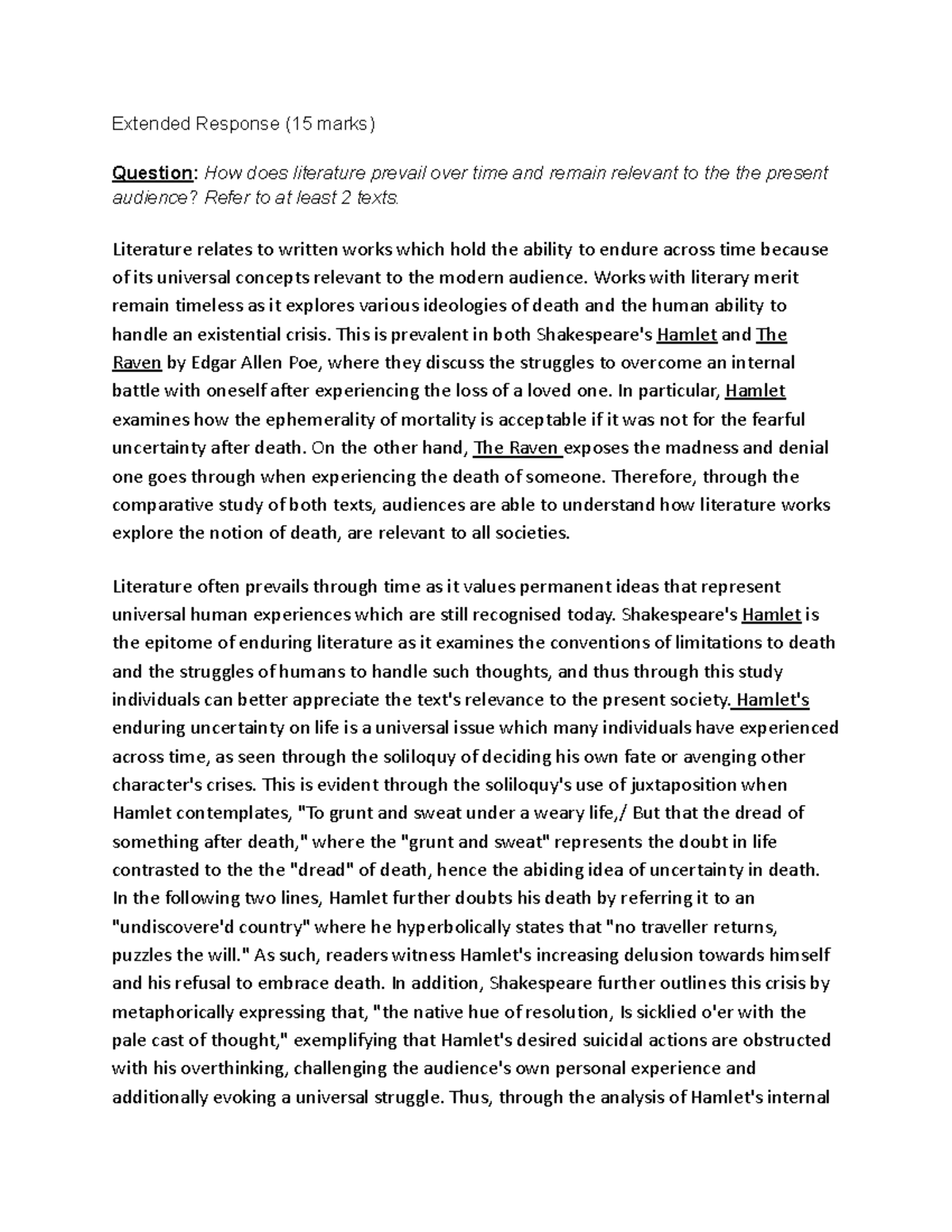 Year 10/11 Essay Response - Introduction to Literature - Extended ...