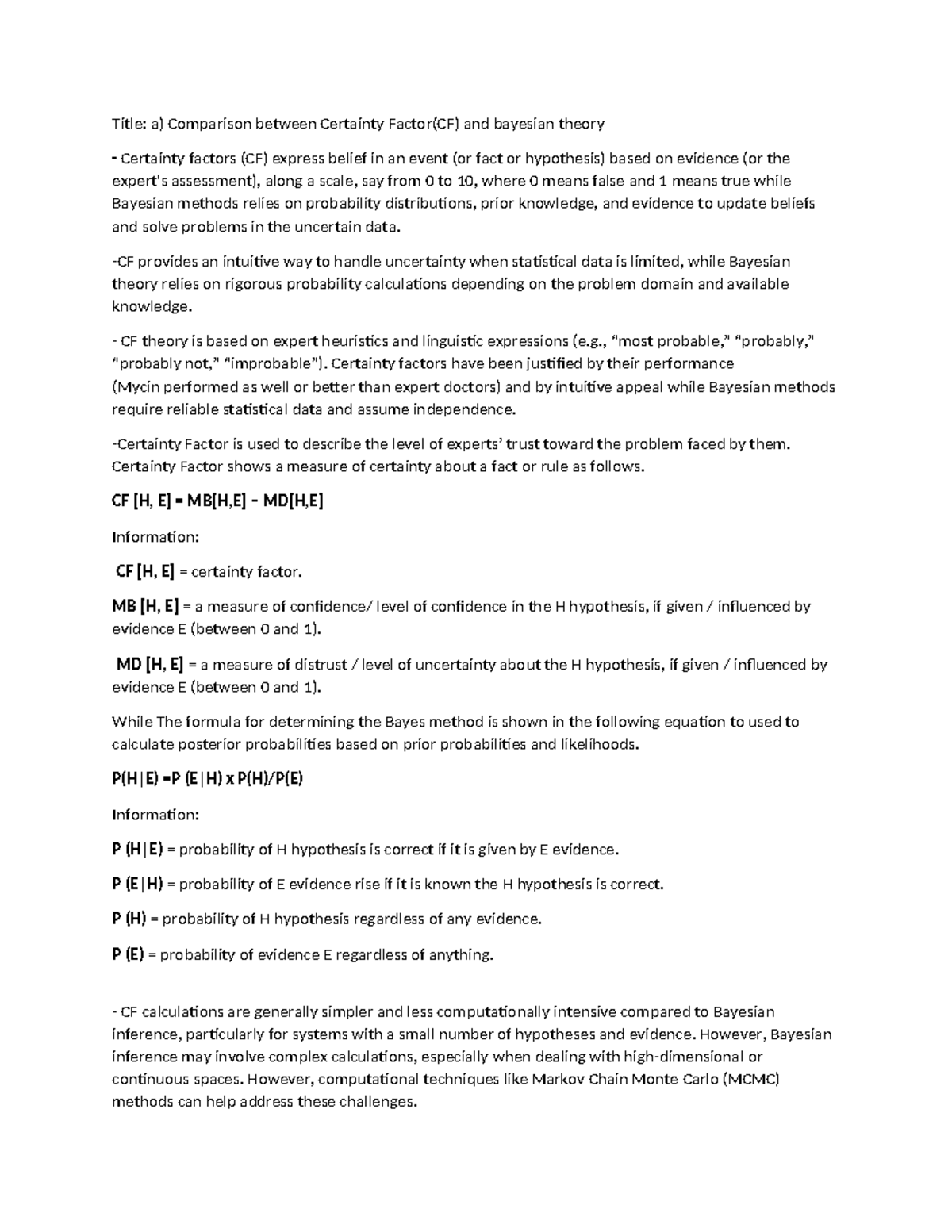 Title: Expert System Assignment: CF vs Bayesian Theory Comparison - Studocu