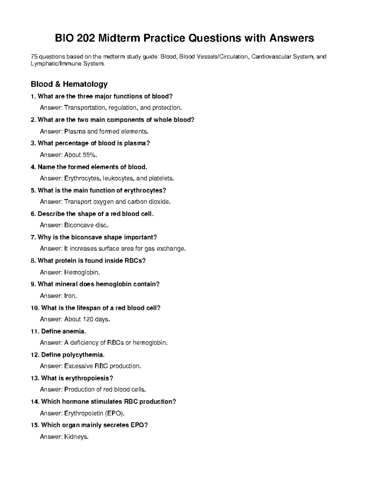 BIO 202 Midterm Practice Questions & Answers: Blood & Cardiovascular ...