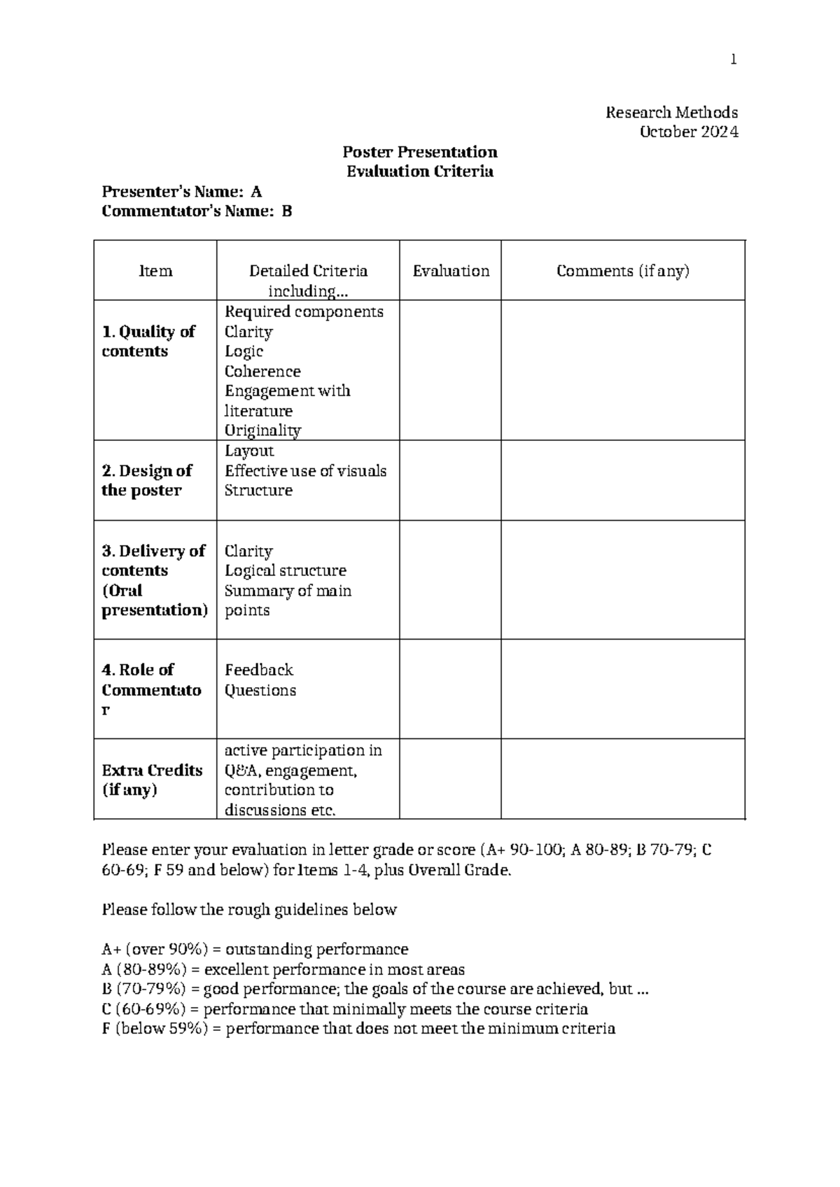 Poster Presentation Evaluation Criteria IT - Research Methods 2024 ...