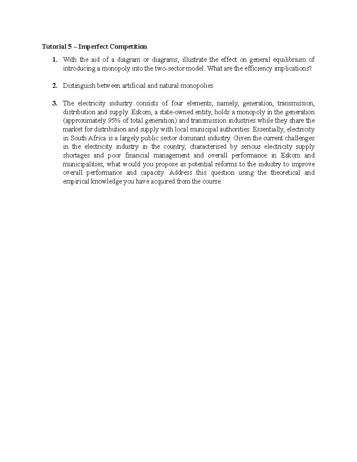 Tutorial 5 - Imperfect Competition - Tutorial 5 – Imperfect Competition ...