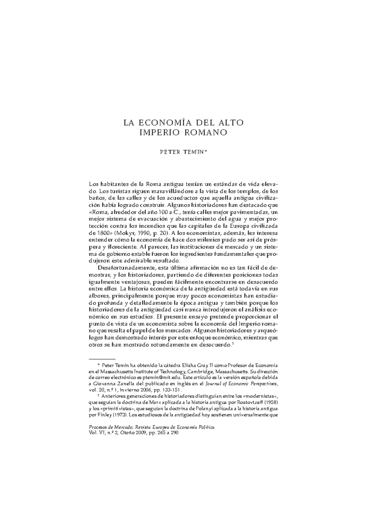 LA ECONOMÍA DEL ALTO IMPERIO ROMANO: RESUMEN DE PETER TEMIN - Studocu