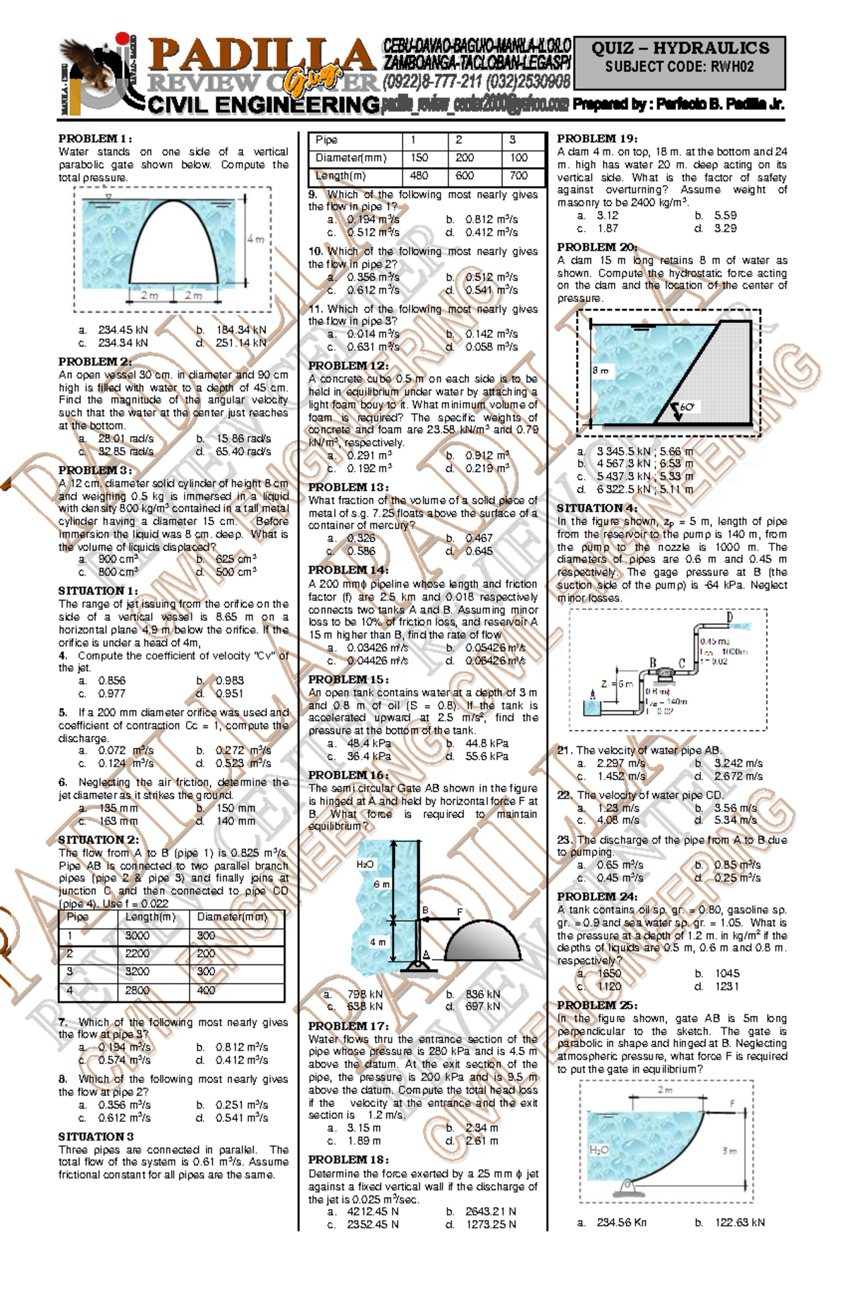RWH 614C Quiz 2: Fluid Mechanics Concepts and Calculations - Studocu