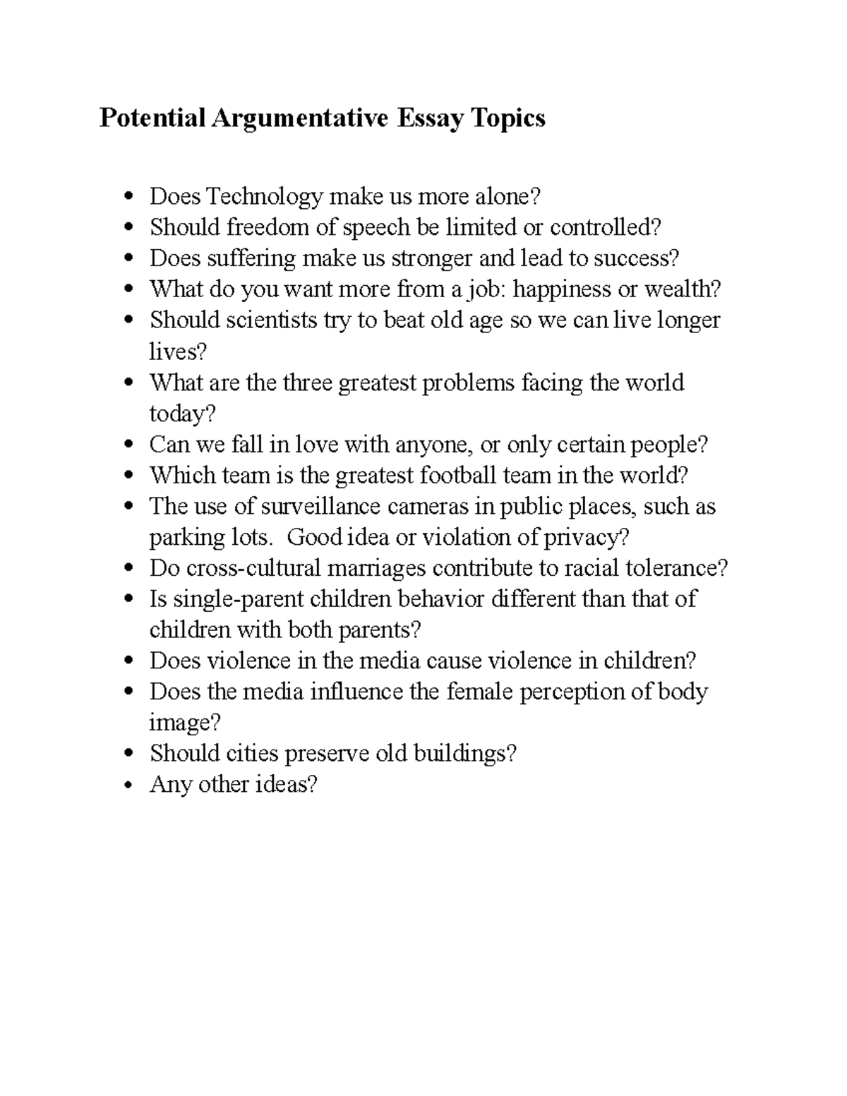 10.2 Potential Argumentative Essay Topics and Outline Guidance - Studocu
