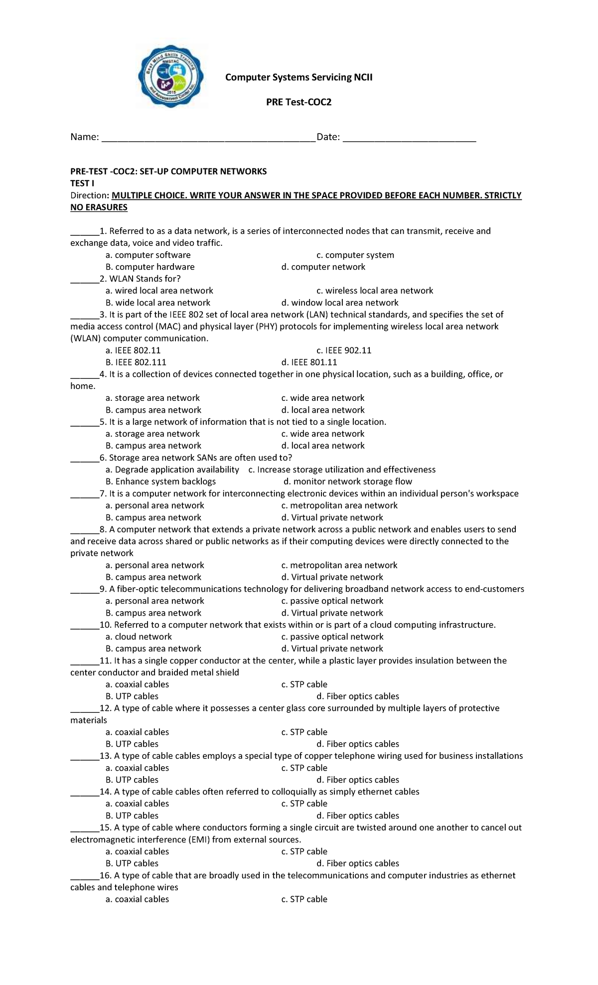 Pre-Test COC2: Computer Network Setup Sample Questions - Studocu