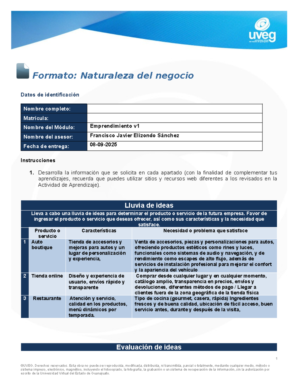 Formato: Naturaleza del Negocio - Emprendimiento v1 - Studocu