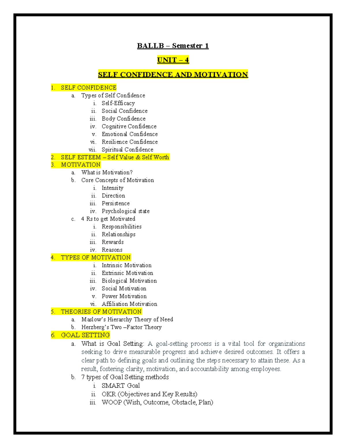 PDLC - UNIT 4: Self Confidence and Motivation Overview - Studocu