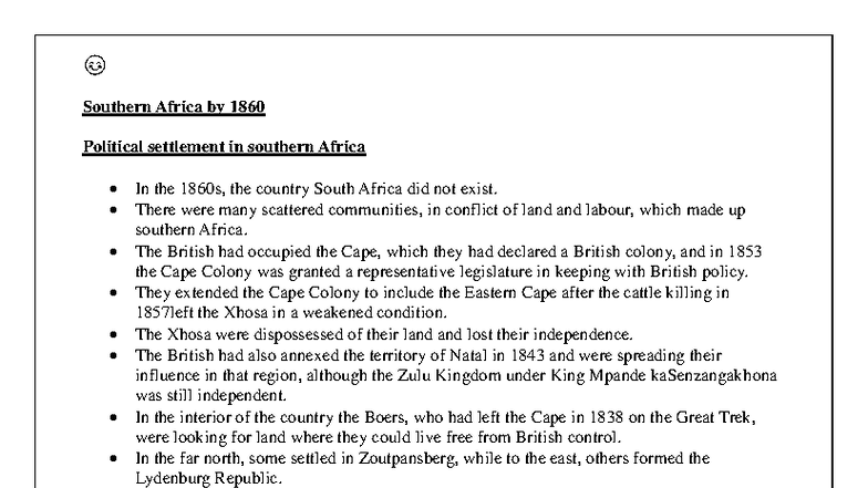 Grade 8 History: Southern Africa Political Landscape by 1860 - Studocu