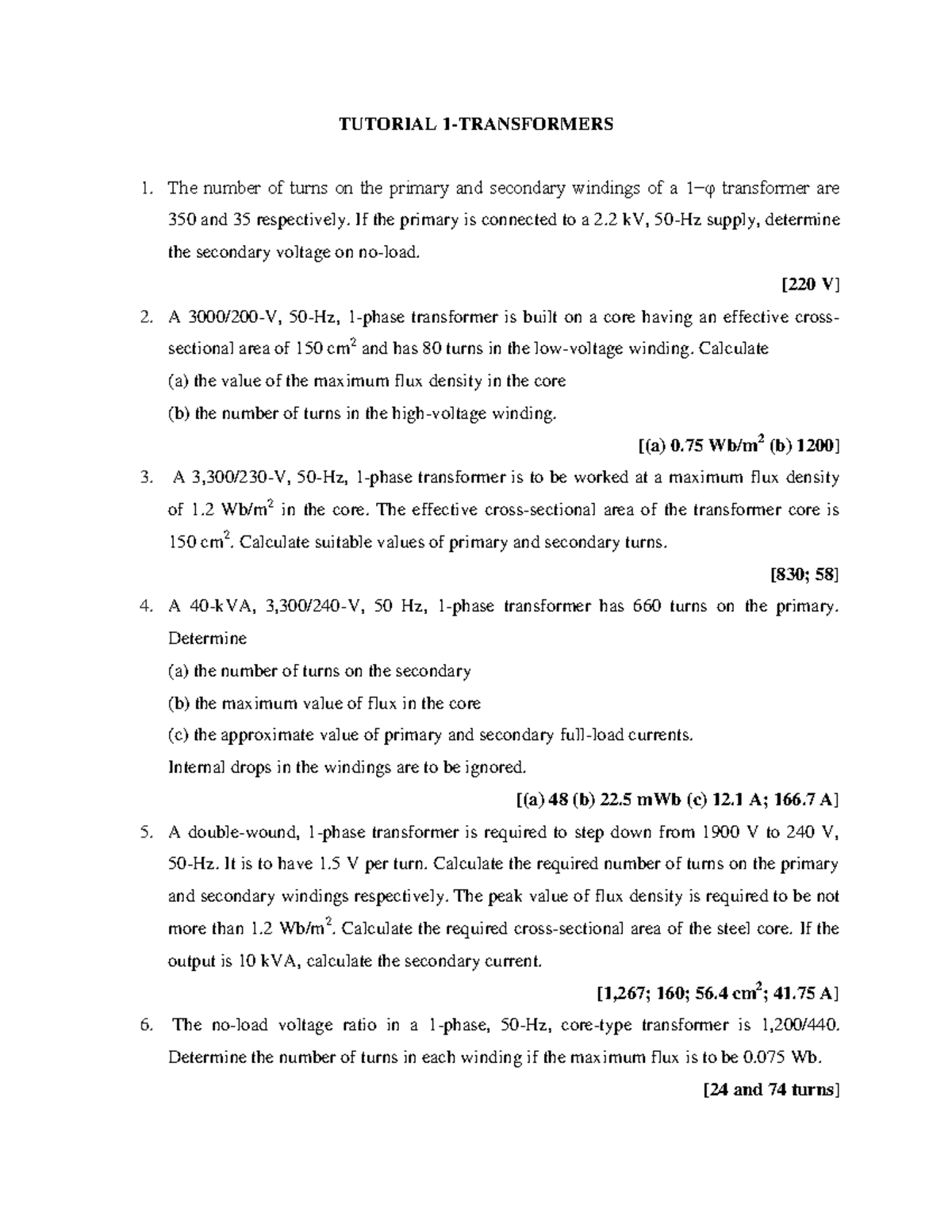 TUTORIAL 1: TRANSFORMERS EXAMPLES & SOLUTIONS (PRINCIPLES & CALCULATIONS) - Studocu
