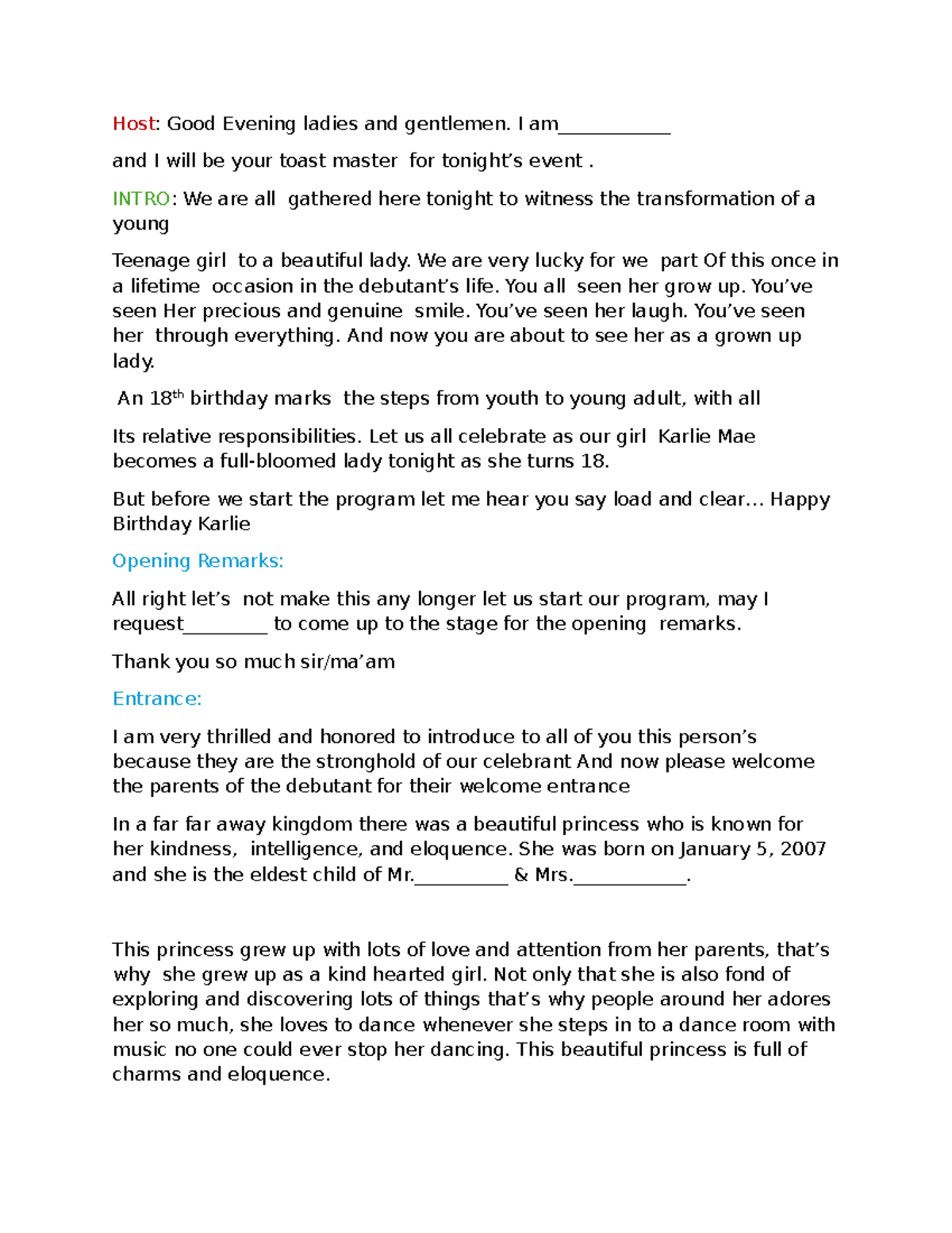 Debut Script for Karlie Mae's 18th Birthday Celebration - Studocu