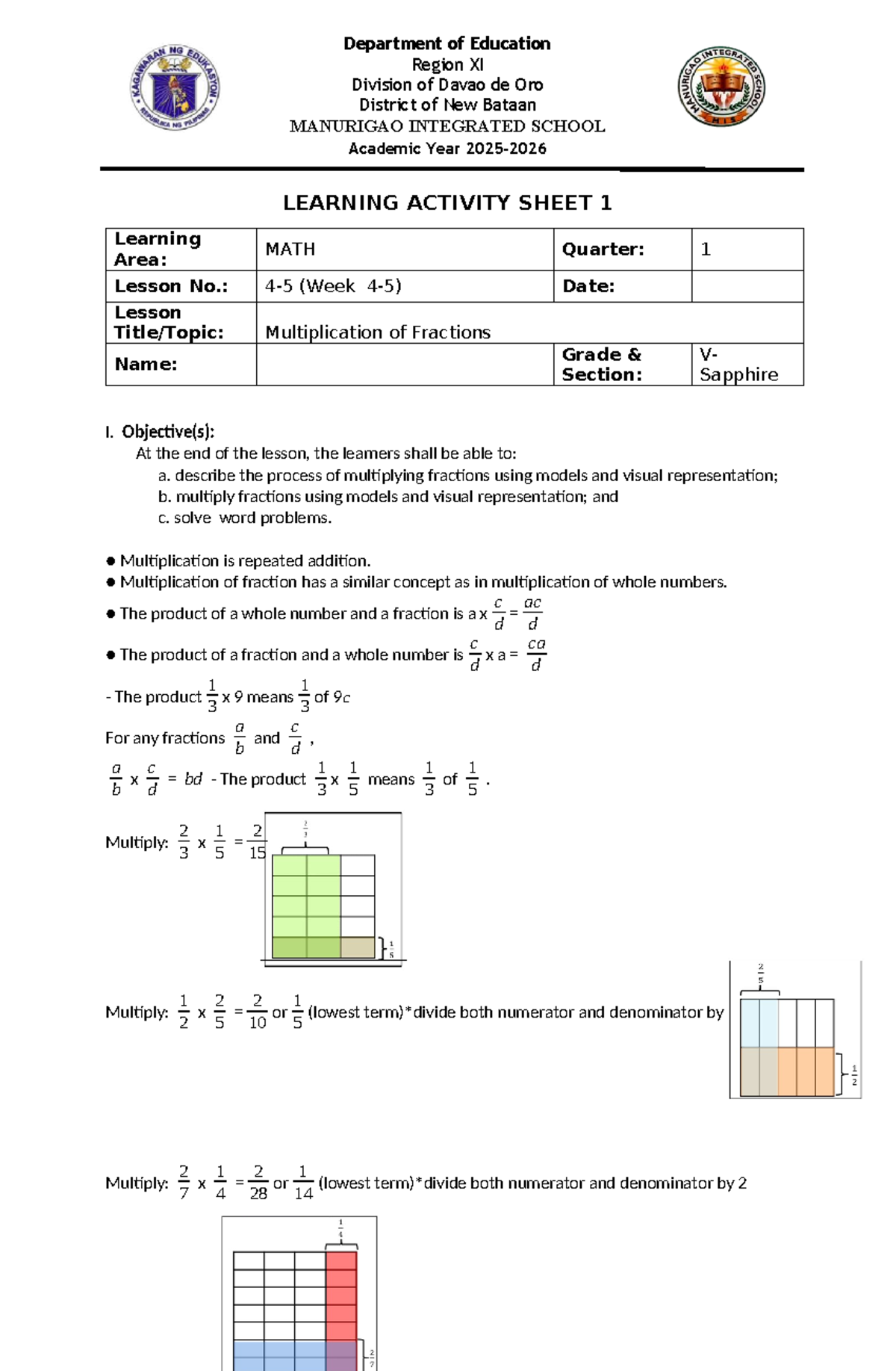 MATH 5 - Learning Activity Sheet on Multiplication of Fractions - Studocu