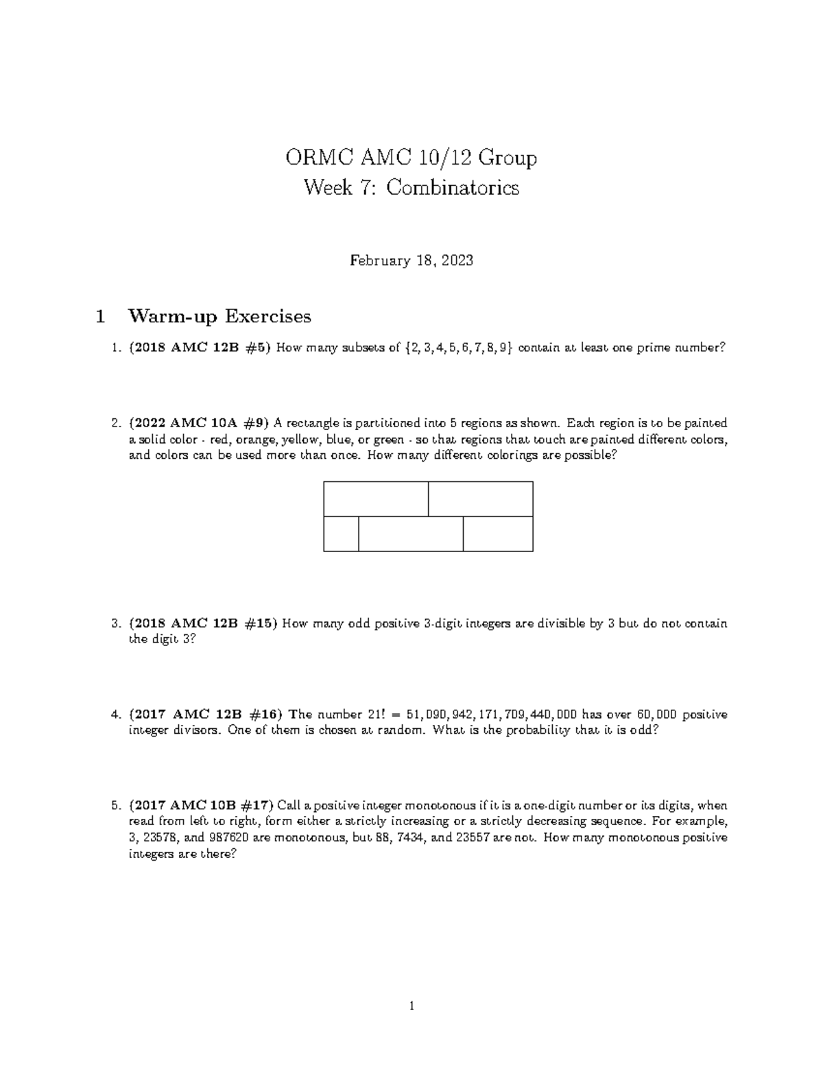 ORMC AMC Group Week 7: Combinatorics Exercises and Solutions - Studocu