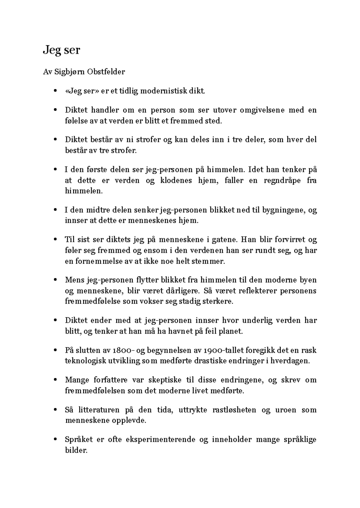 NORSK 101 - Analyse av "Jeg ser" av Sigbjørn Obstfelder - Studocu