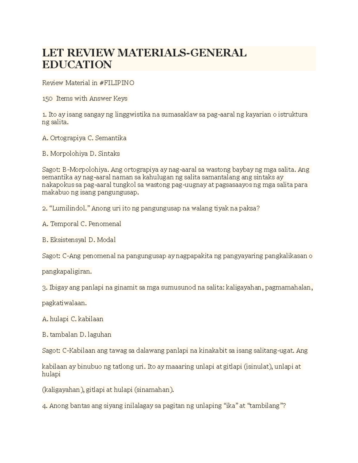 LET- Review Materials: 150 Items with Answer Keys in Filipino - Studocu