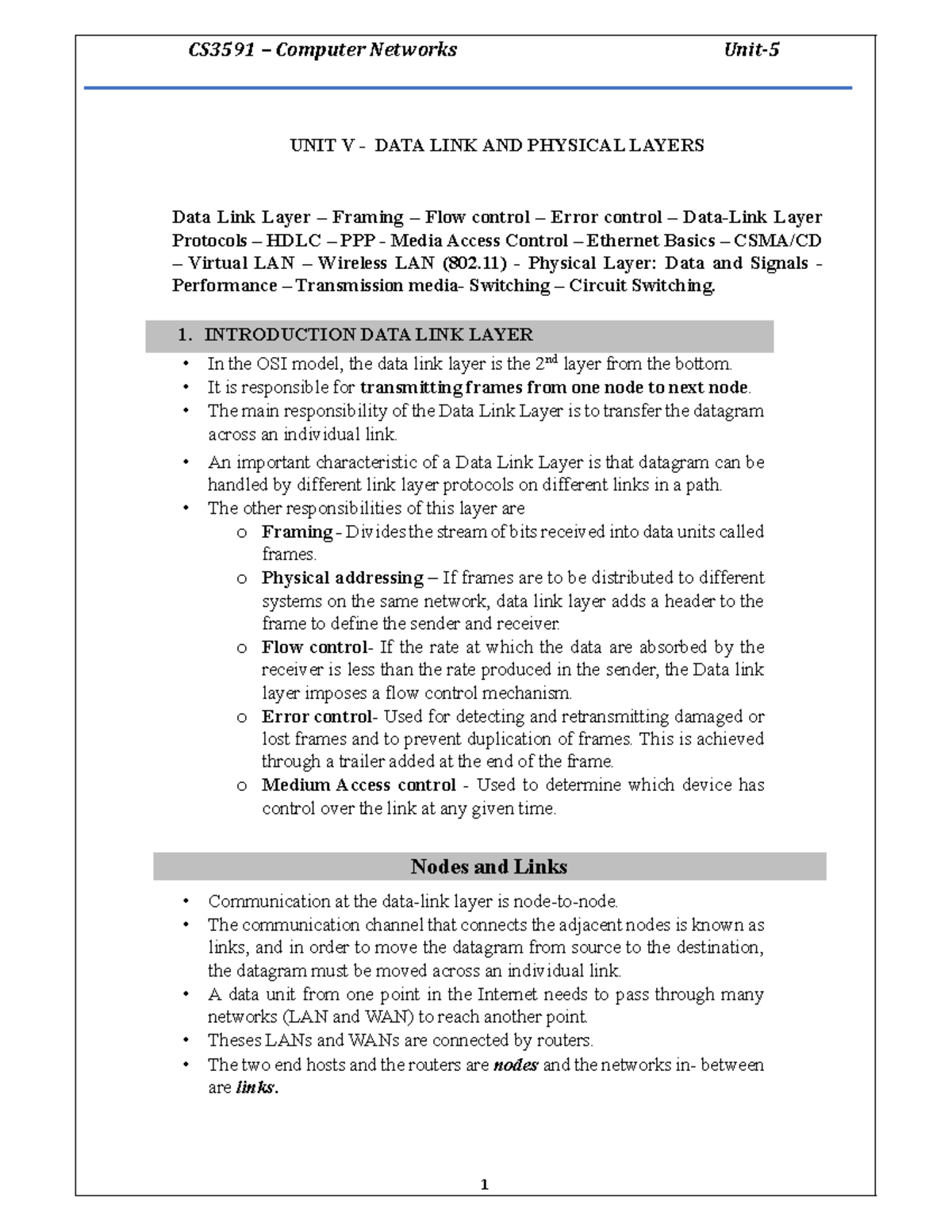 CS3591 Data Link Layer Overview - UNIT 5 Review 2021 - Studocu