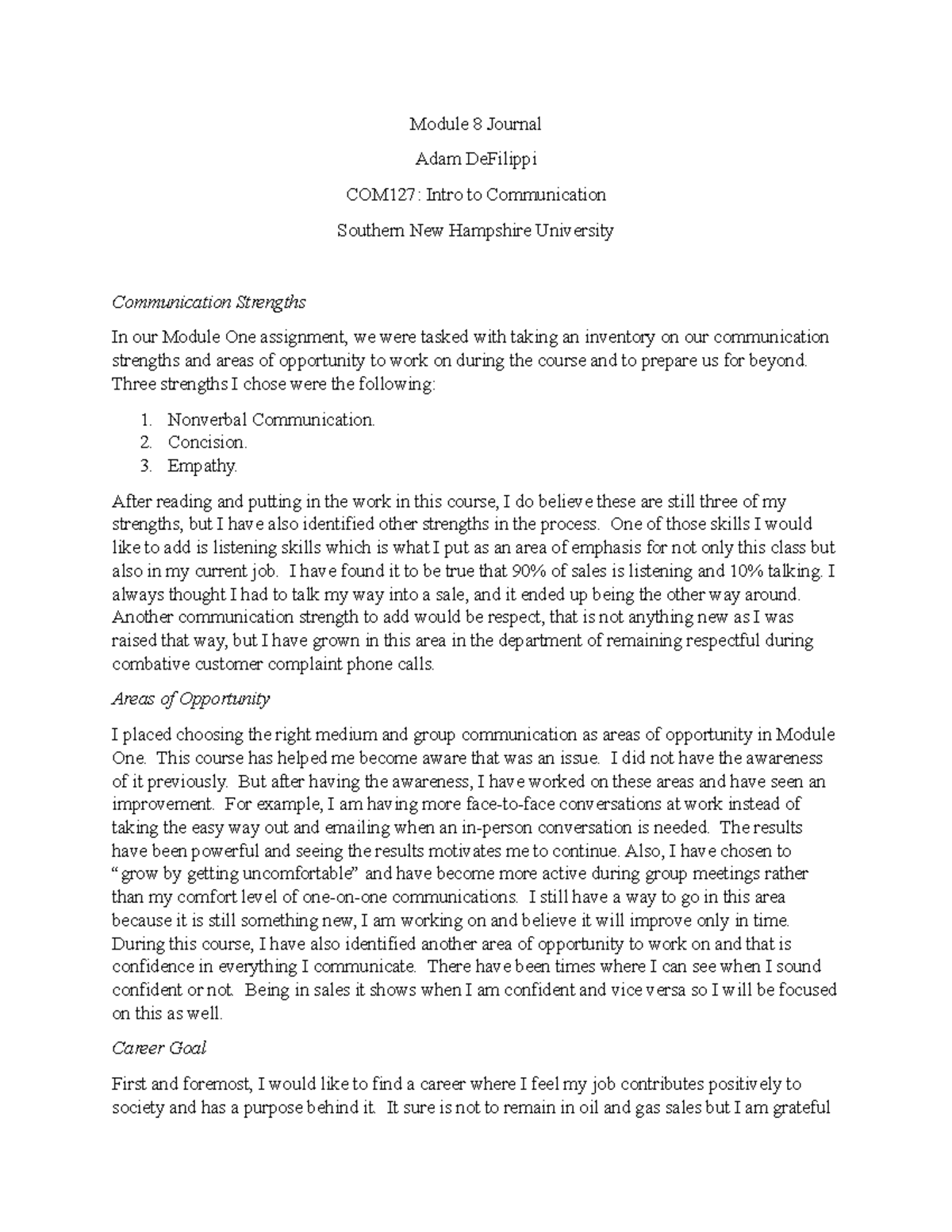 COM 127 Module 8 Reflection: Communication Strengths & Goals - Studocu