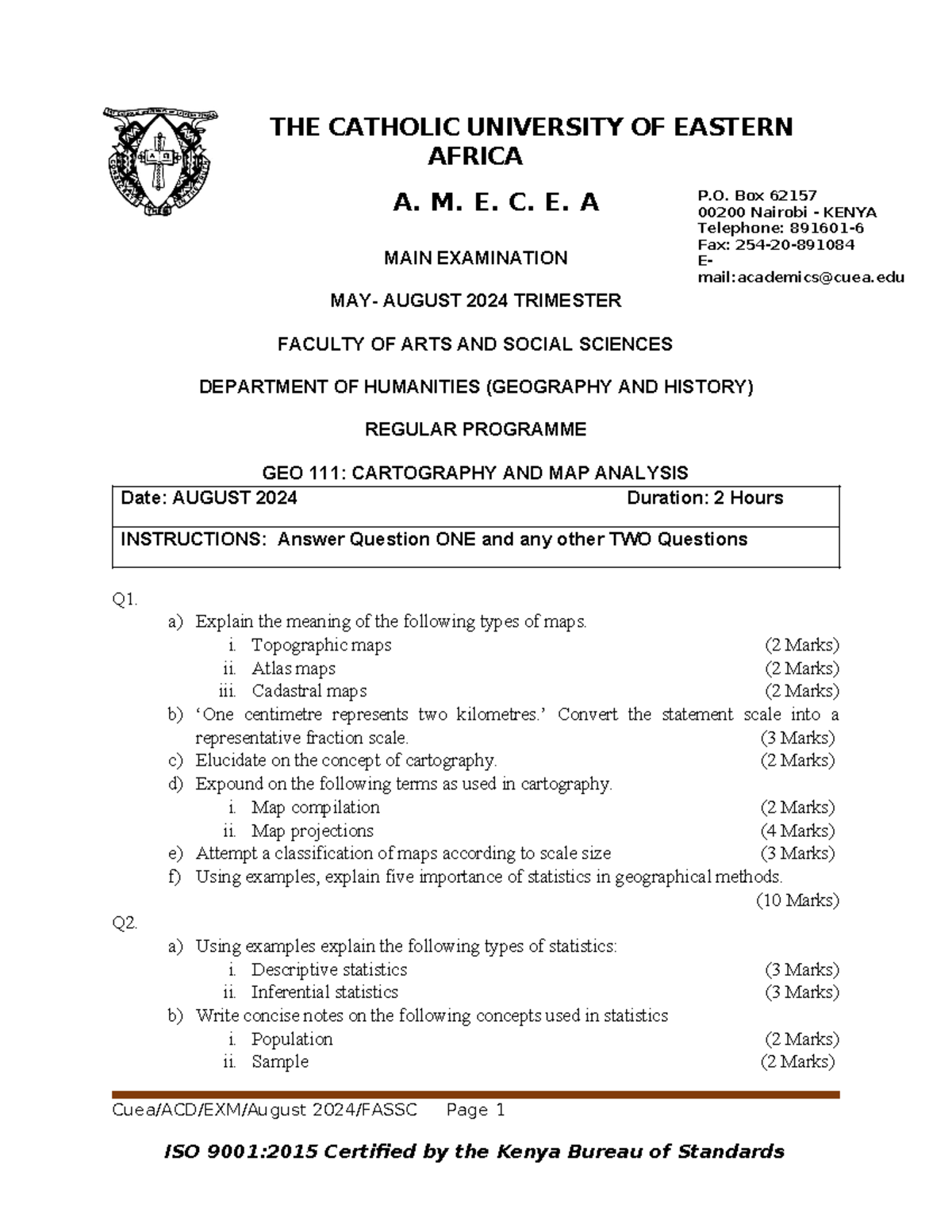 GEO 111 Final Examination: Cartography and Map Analysis (August 2024 ...