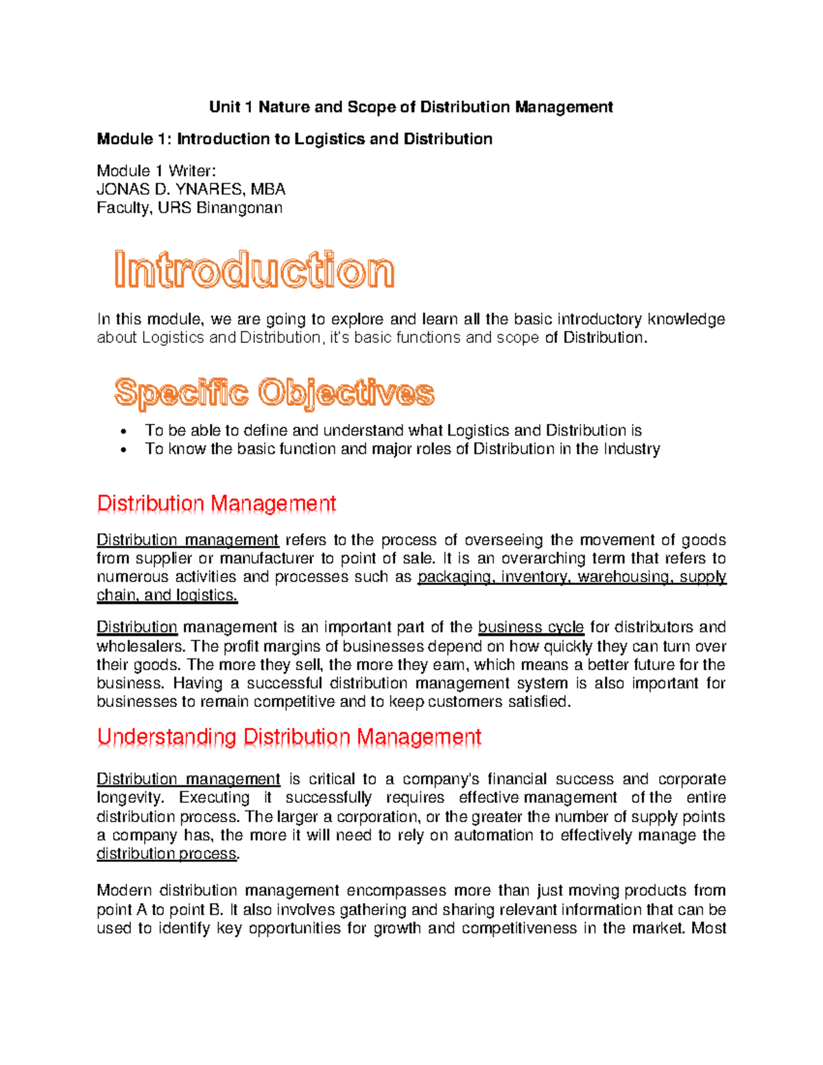 Introduction to Logistics & Distribution - Unit 1 Nature and Scope of ...