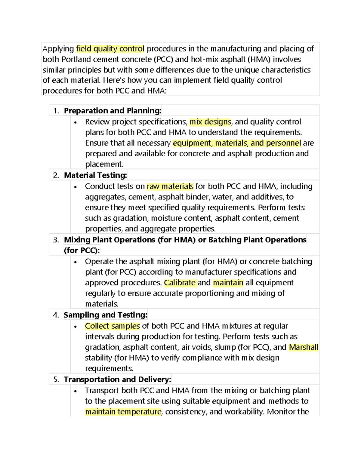 Field Quality Control Procedures for PCC and HMA: Implementation Guide ...