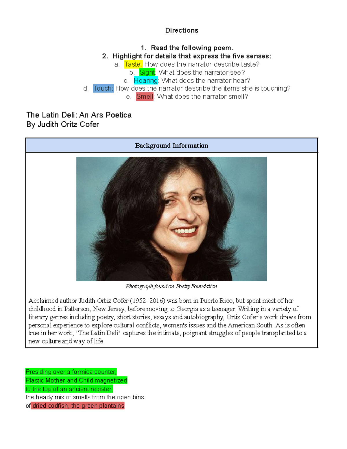 The Latin Deli: An Ars Poetica - Setting and Senses - Directions 1 ...