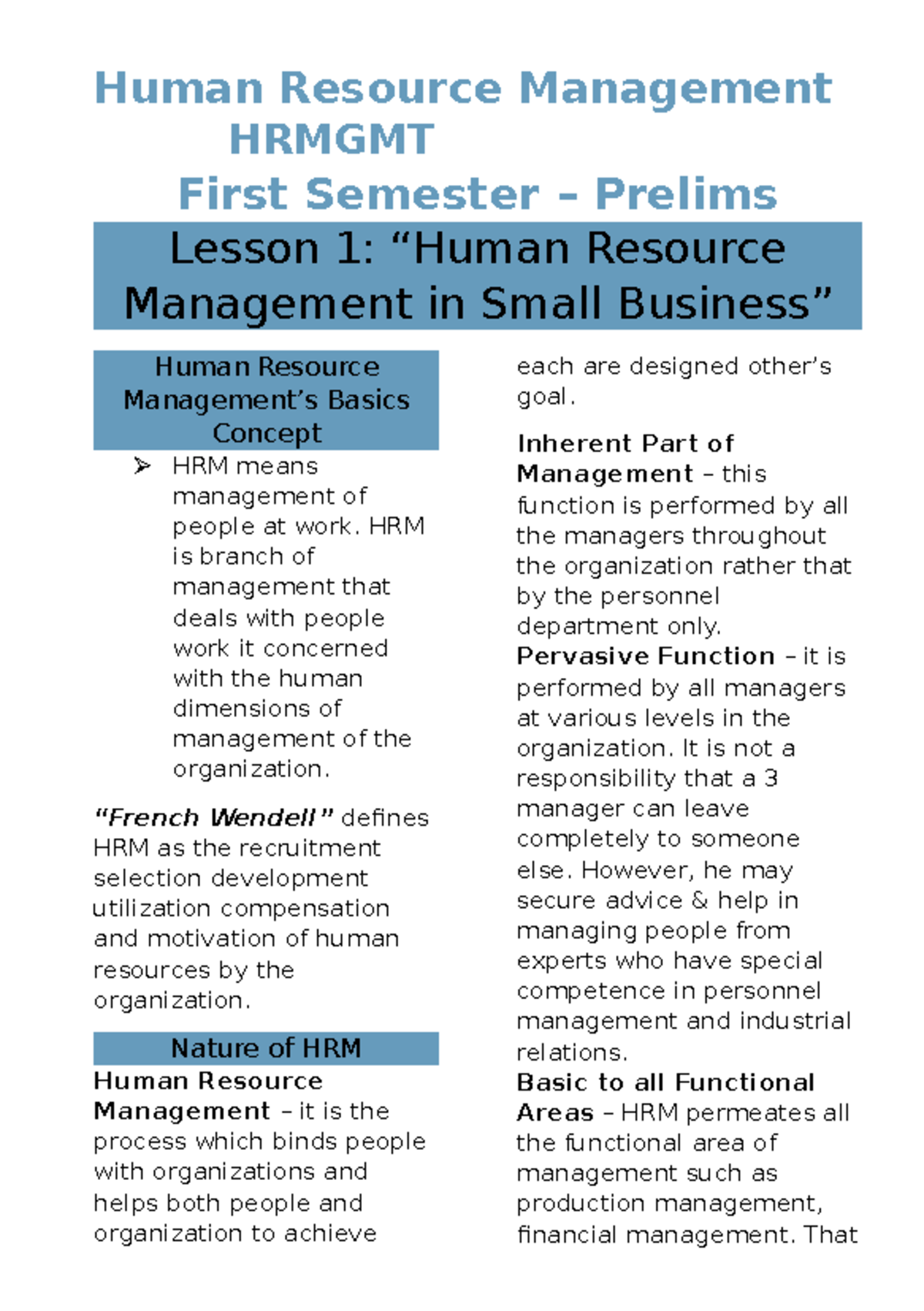 HRMGMT Prelims: Lesson 1 - Fundamentals of Human Resource Management ...