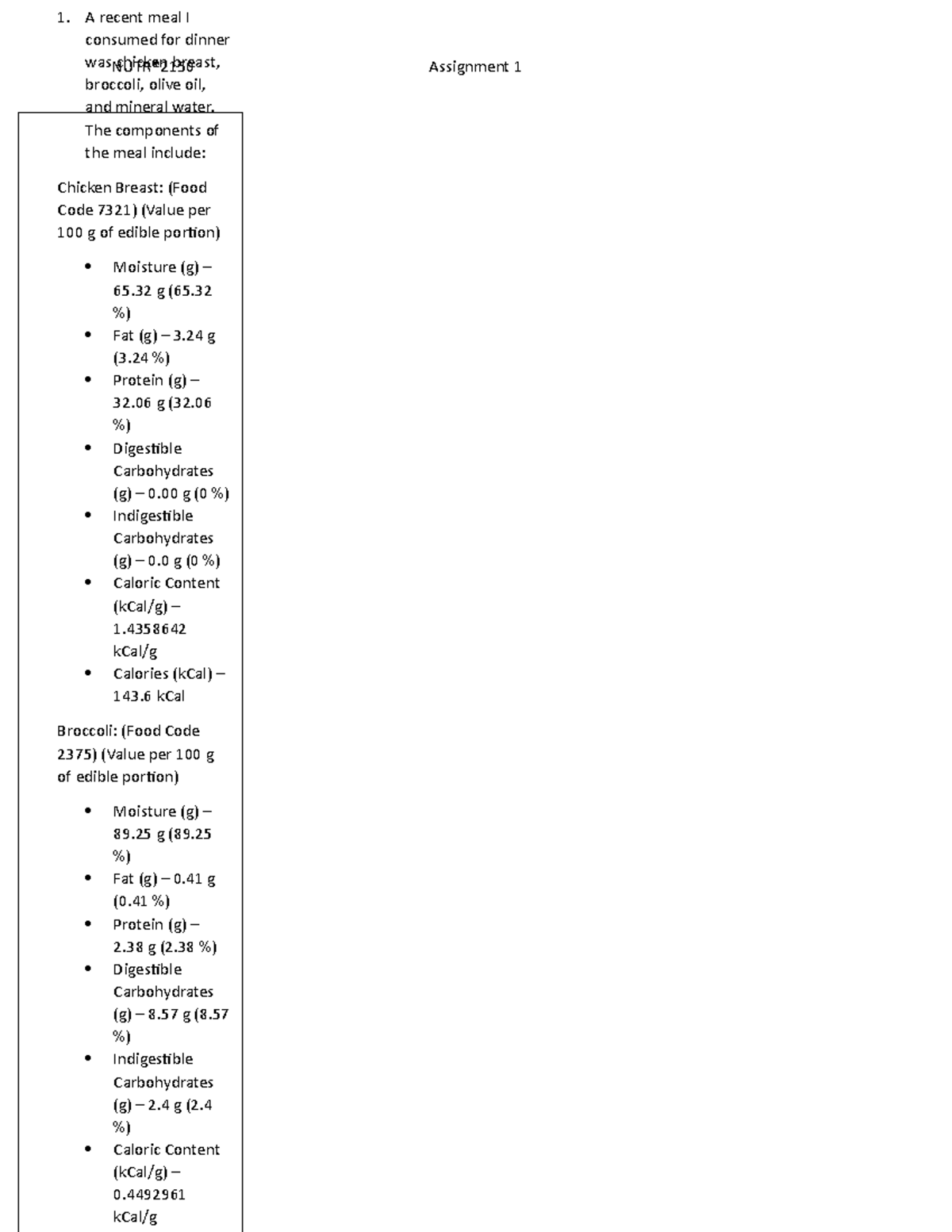 Assignment 1 - meal breakdown with nutrition facts table - NUTR*2150 ...