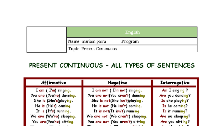 Present Continuous: All Types of Sentences - Actividad 7 - Inglés - Studocu