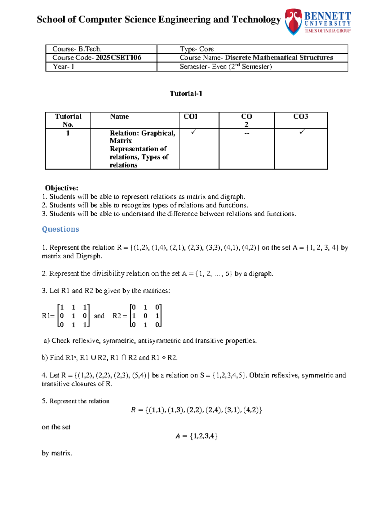 CSET106 Discrete Math Structures Tutorial 1: Relations & Functions ...