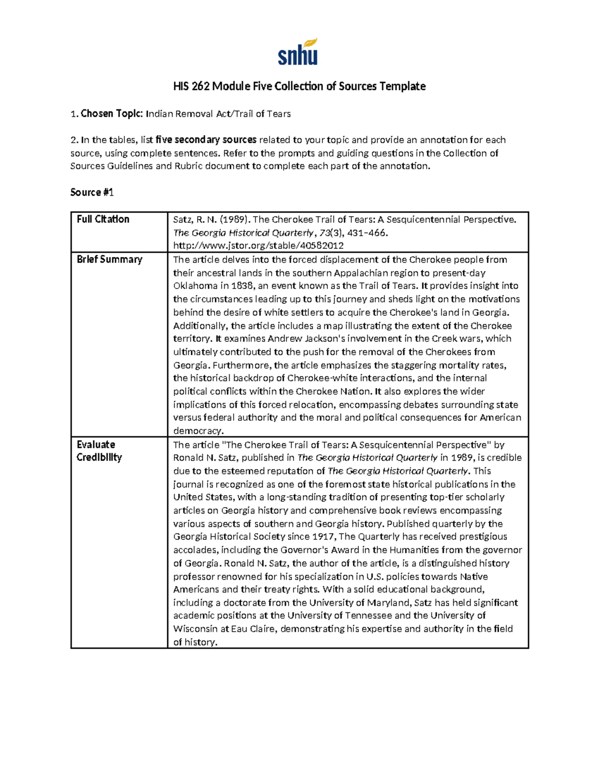 HIS 262 Module Five Collection of Sources Template - Refer to the ...