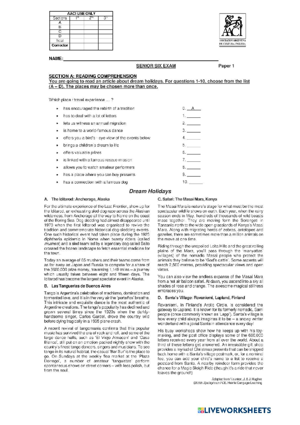 AACI Senior 6 Exam: Dream Holidays Reading Comprehension - Studocu