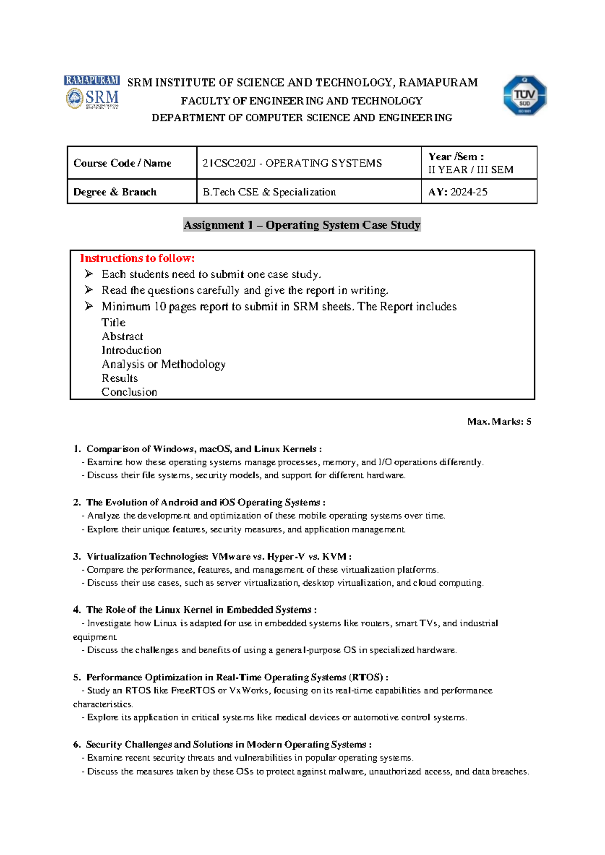 21CSC202J Assignment 1: Case Study on Operating Systems - Studocu