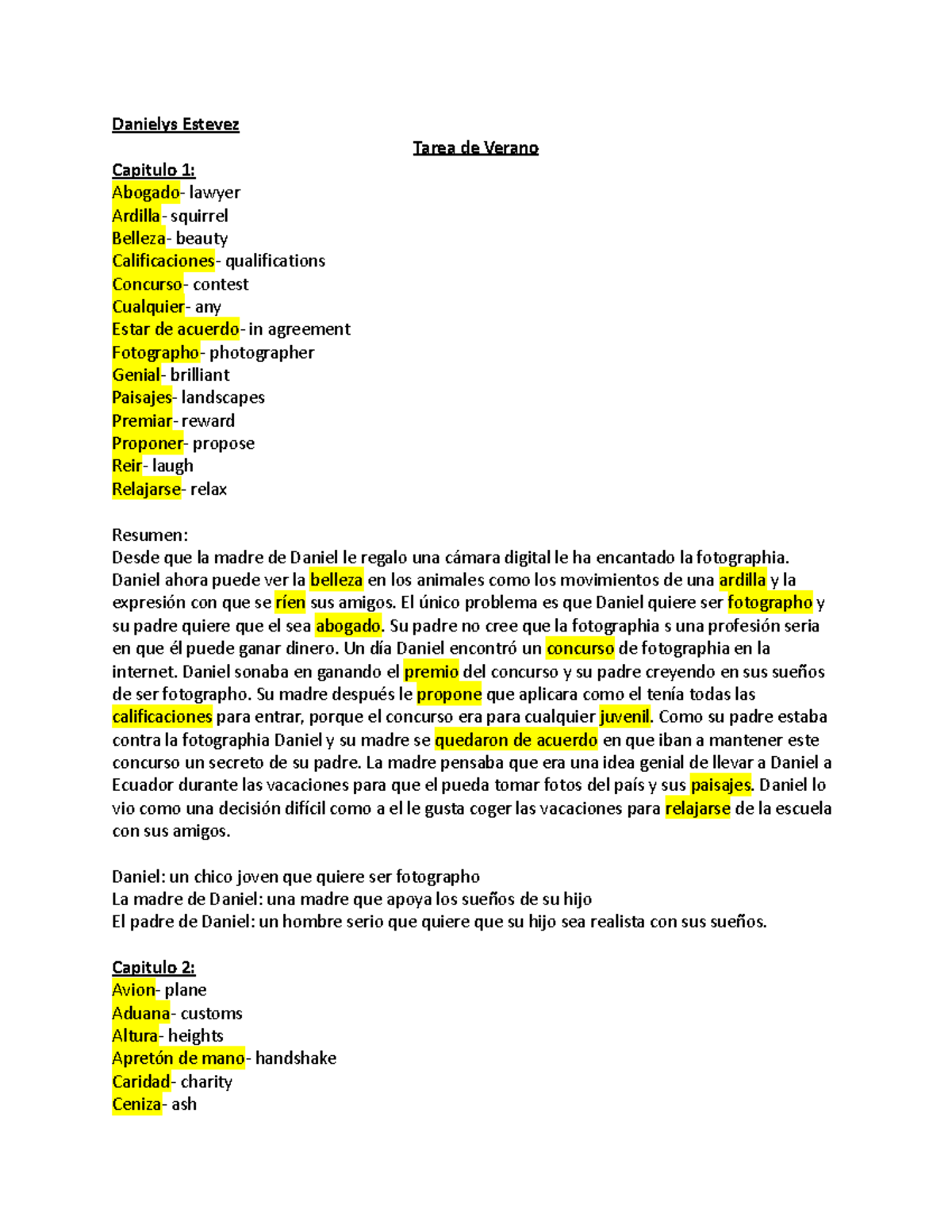 Los Ojos de Carmen - Tarea de Verano: Resúmenes y Vocabulario - Studocu