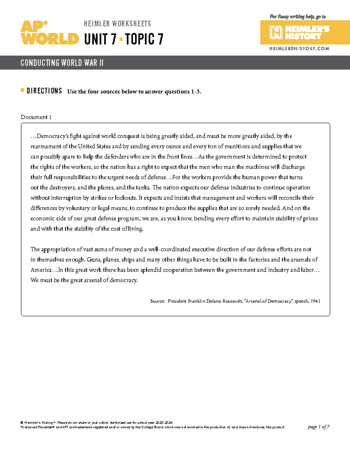 AP WHAP Unit 7 Topic 7 Worksheet: Mobilization for WWII - Studocu