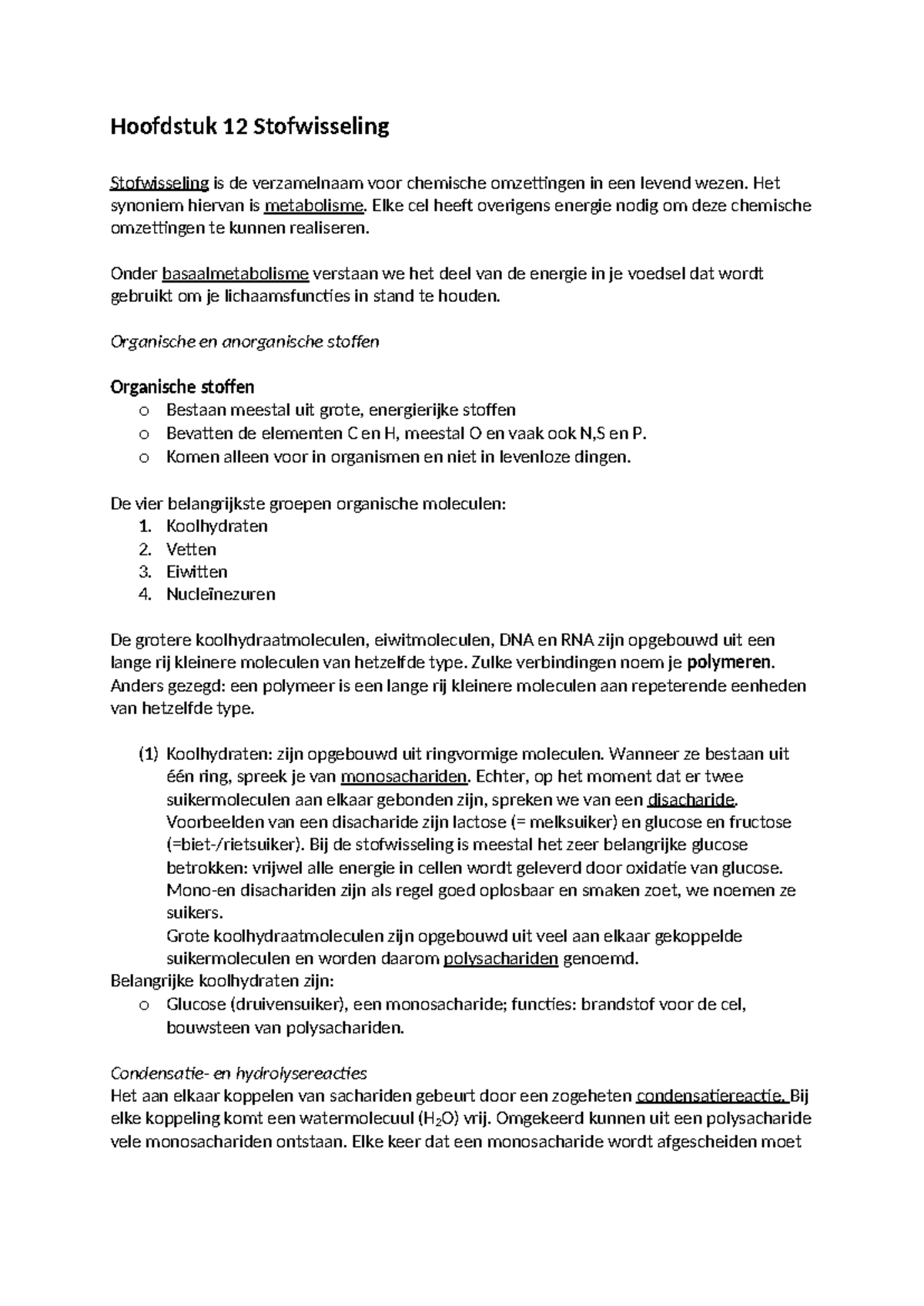 Biologie T62 - Hoofdstuk 12: Stofwisseling en Metabolisme - Studeersnel