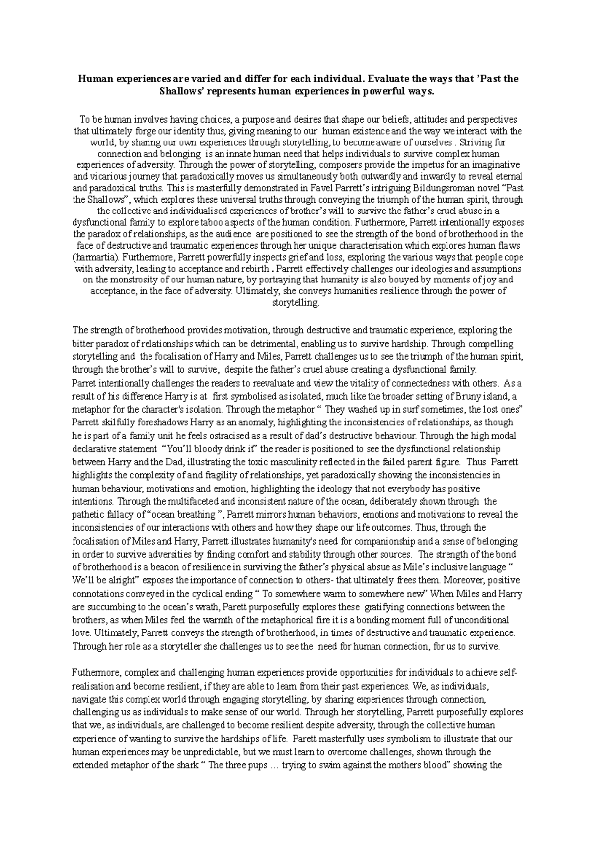 HSC Band 6 Essay: Analyzing Human Experiences in "Past The Shallows ...