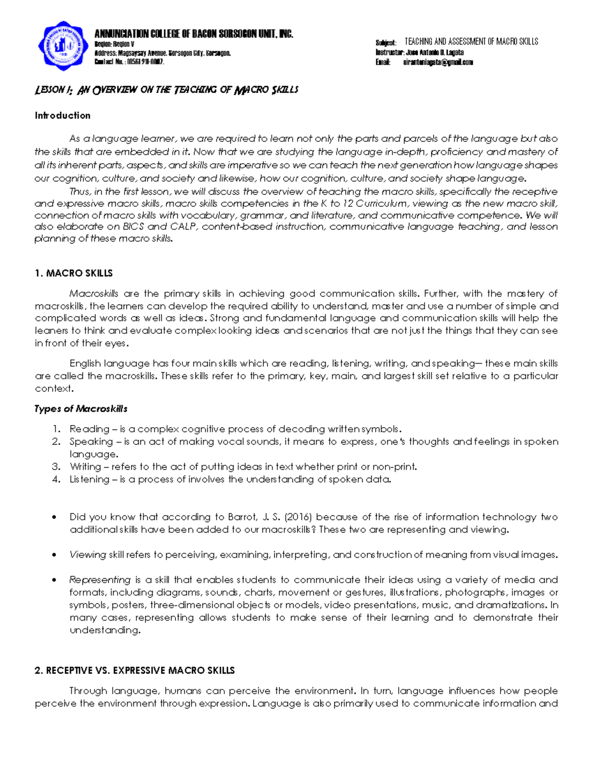 L1 Teaching & Assessment of Macro Skills: Lesson 1 Overview - Studocu
