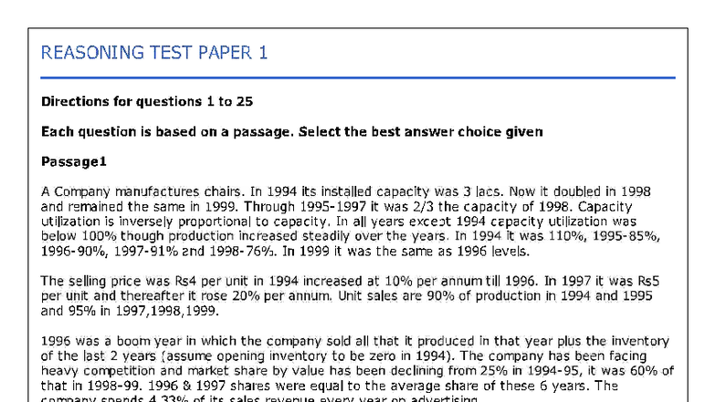 Reasoning Sample Paper - REASONING TEST PAPER 1 Directions for ...