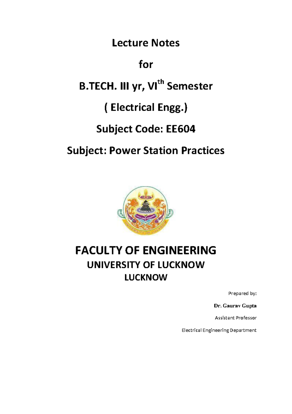 B.TECH. EE III yr VI Sem: Lecture Notes on Diesel Electric Power Plant ...