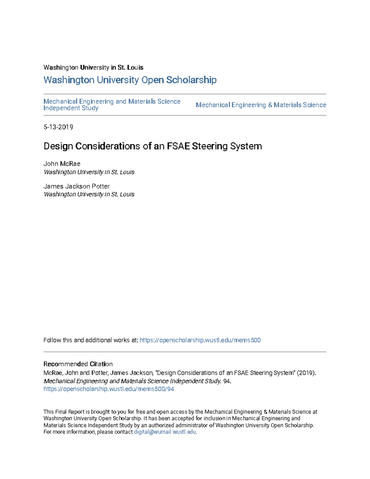 FSAE MEMS 400 Final Report: Steering System Design Considerations - Studocu