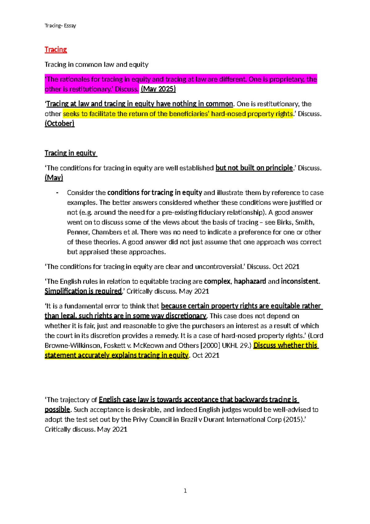 Essay on Tracing in Common Law and Equity (LAW 101) - Studocu