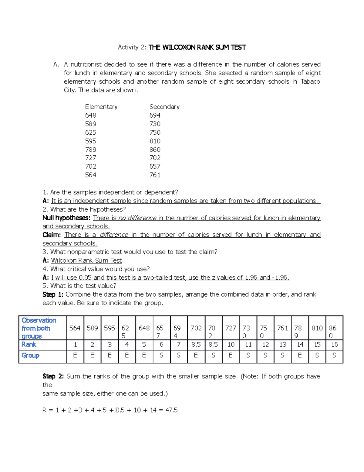 Assignment - Rank Sum Test - Activity 2: THE WILCOXON RANK SUM TEST A ...