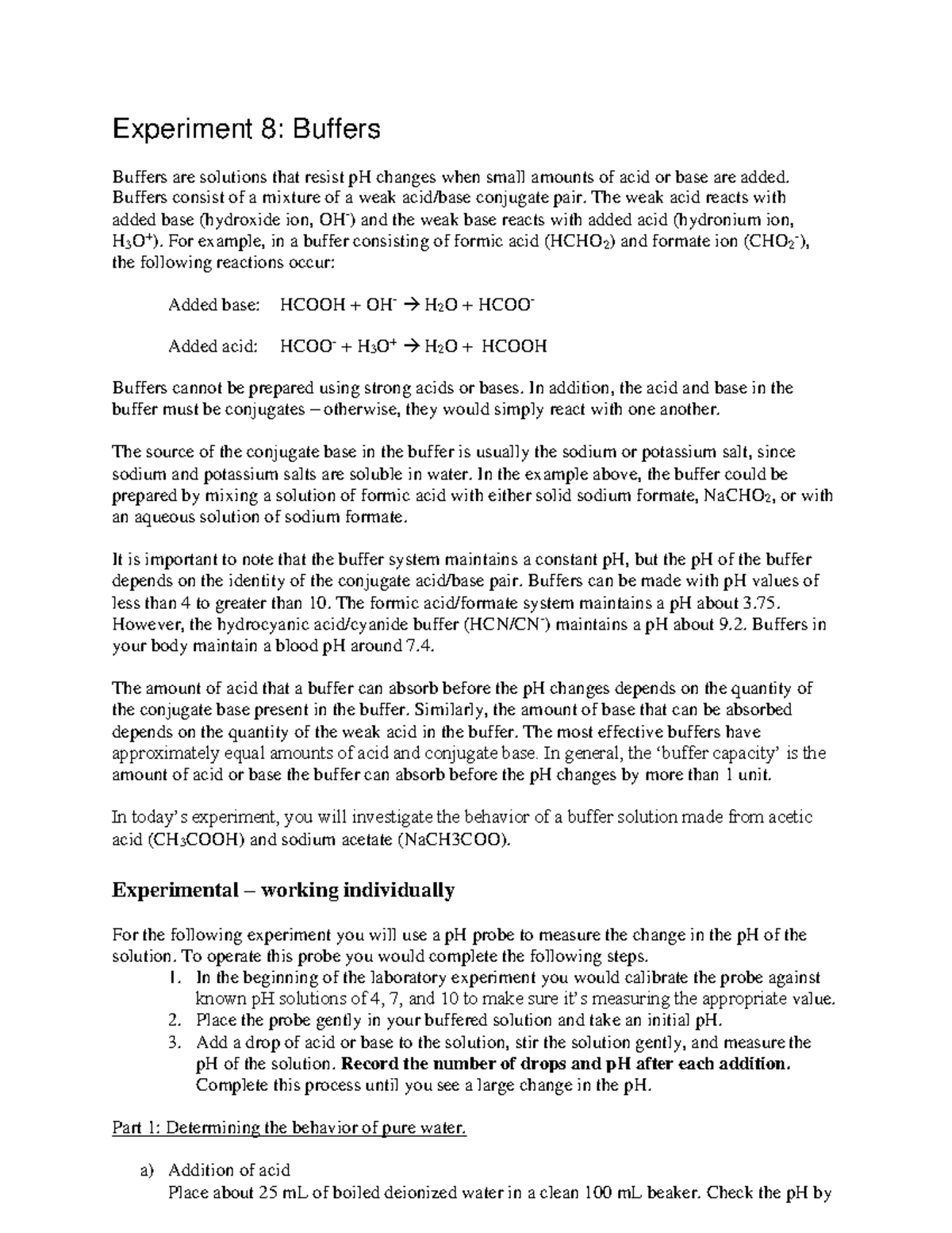 Experiment 8 Buffers Introduction and Procedure - Experiment 8: Buffers Buffers are solutions ...